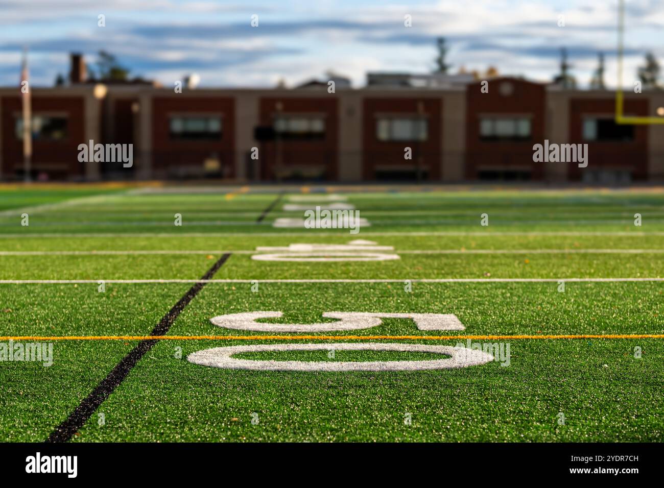 Synthetic turf football 50 yard line, block number, in white along with ...