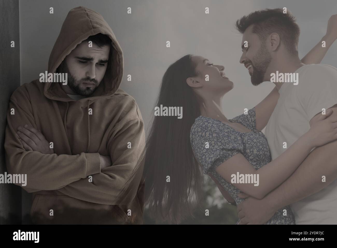 Loneliness. Sad man room and happy couple, double exposure Stock Photo ...