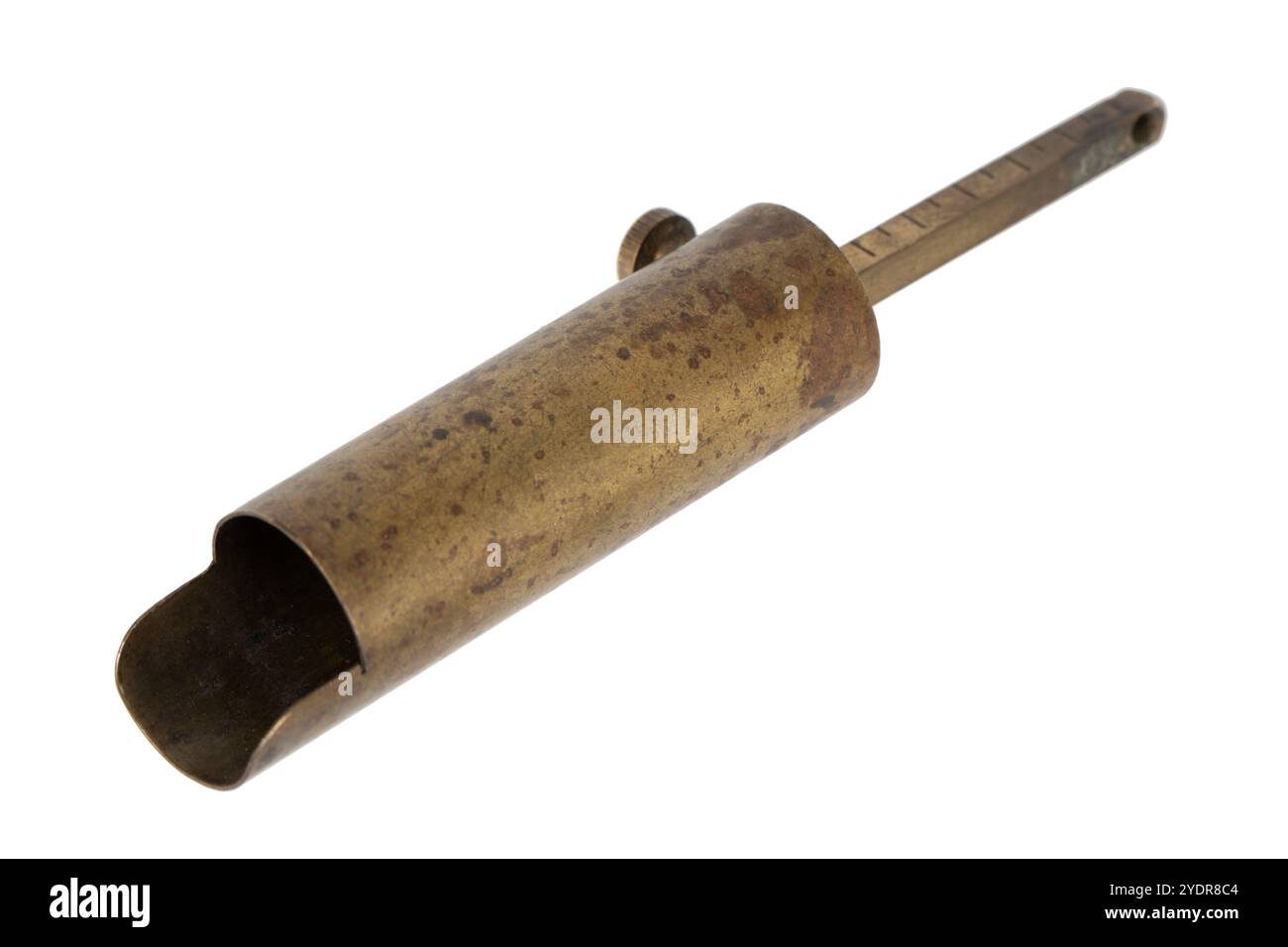 Antique black powder measure for loading cartridge. Isolated on a white ...