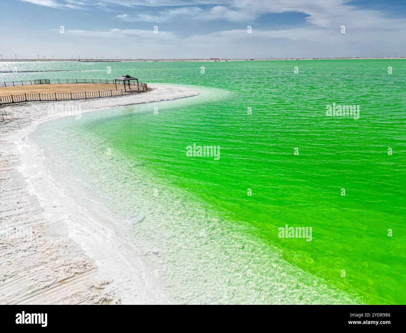 Aerial picture of the recreation area of the Emerald lake or Qarhan ...