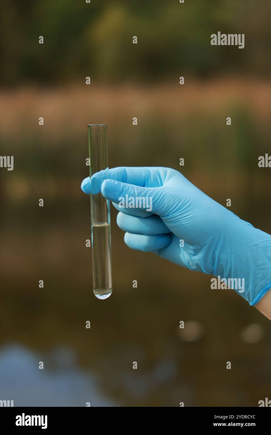 Examination of water quality. Researcher holding test tube with sample ...