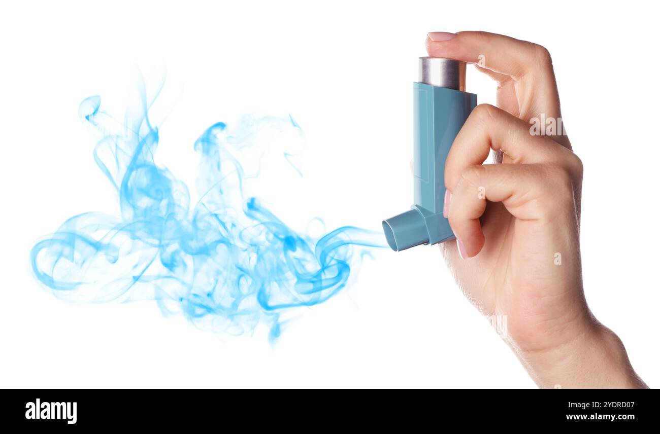 Asthma treatment. Woman holding inhaler on white background, closeup ...