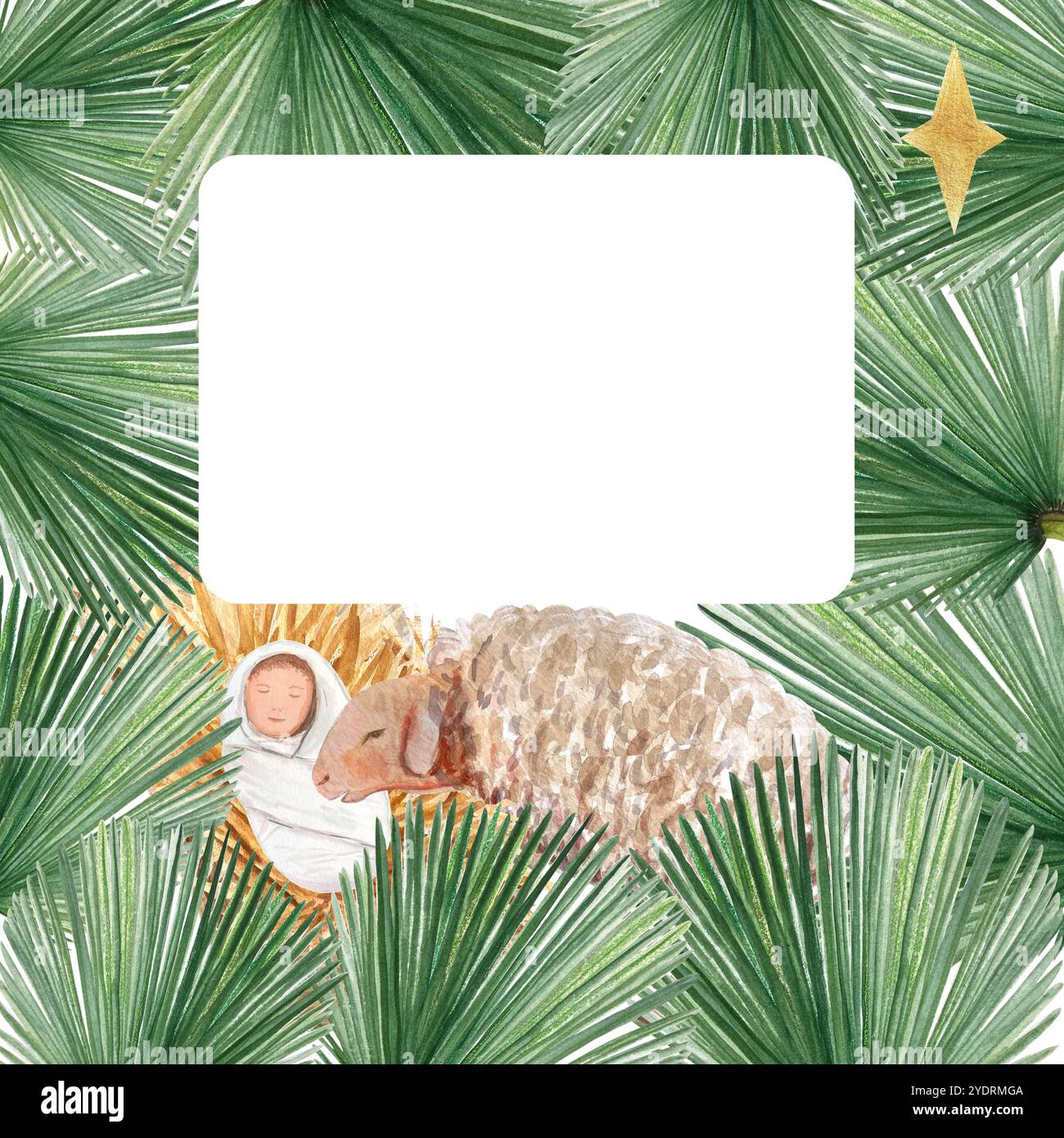 Manger with sleeping baby Jesus, sheep, star palm leaves watercolor ...