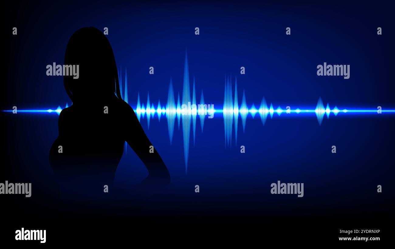 A silhouette of a woman against a dark blue background, and blue sound wave, symbolize auditory ...