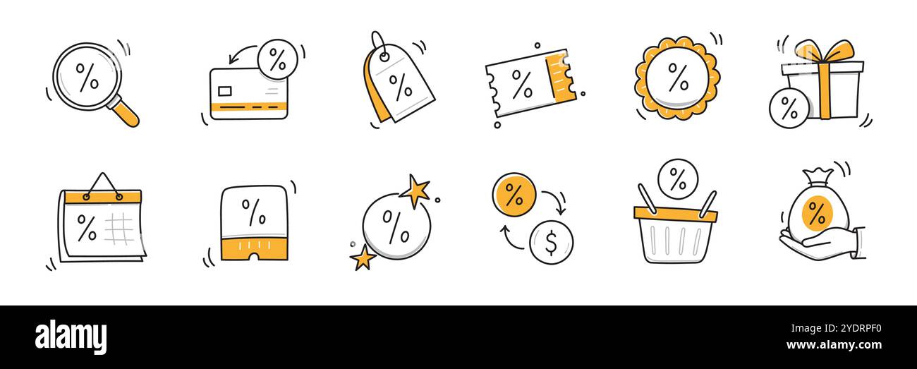 Doodle discount sale icon set. Discount percent, shop sale coupon hand ...