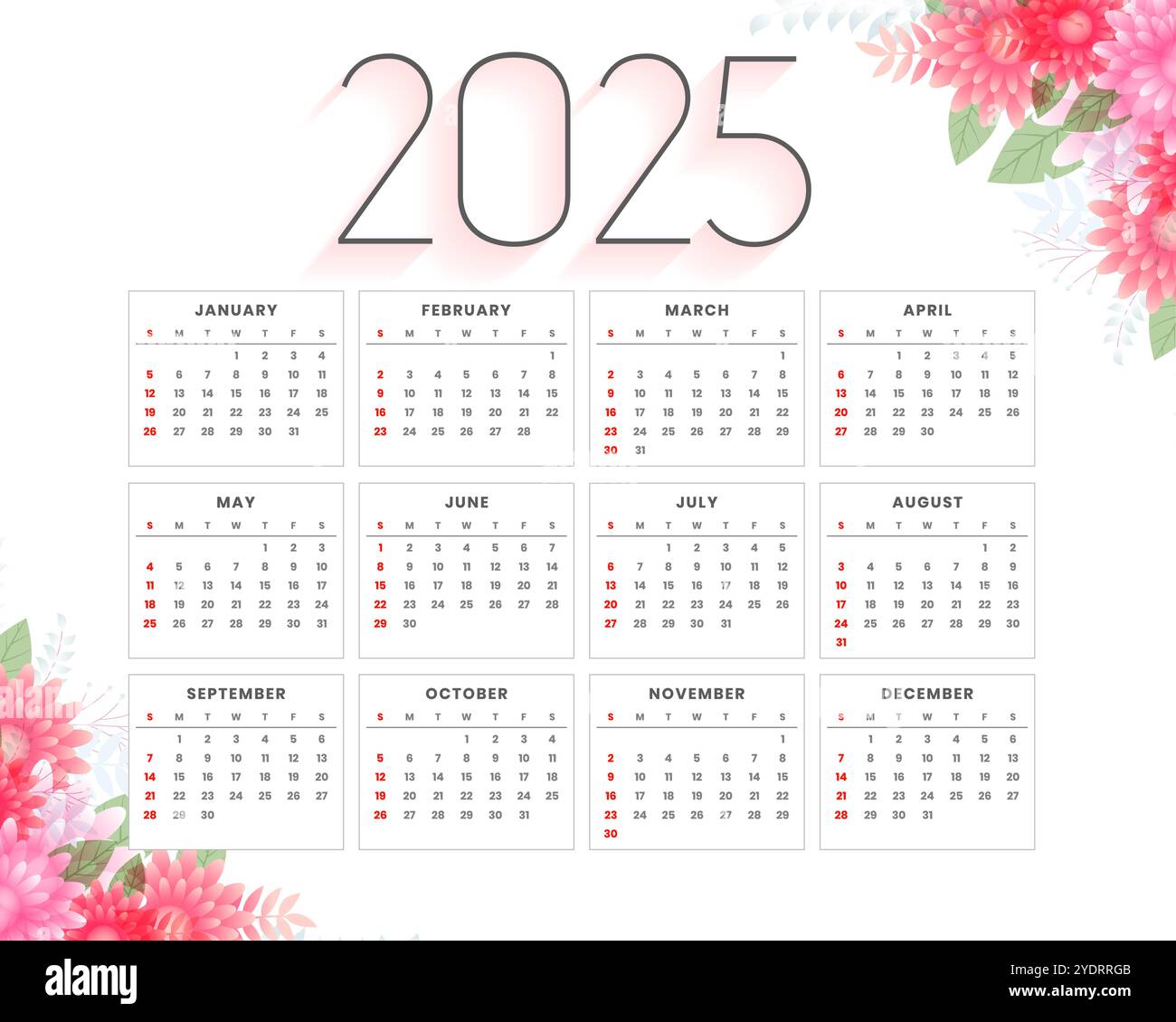 2025 english calendar template with floral decoration vector Stock ...