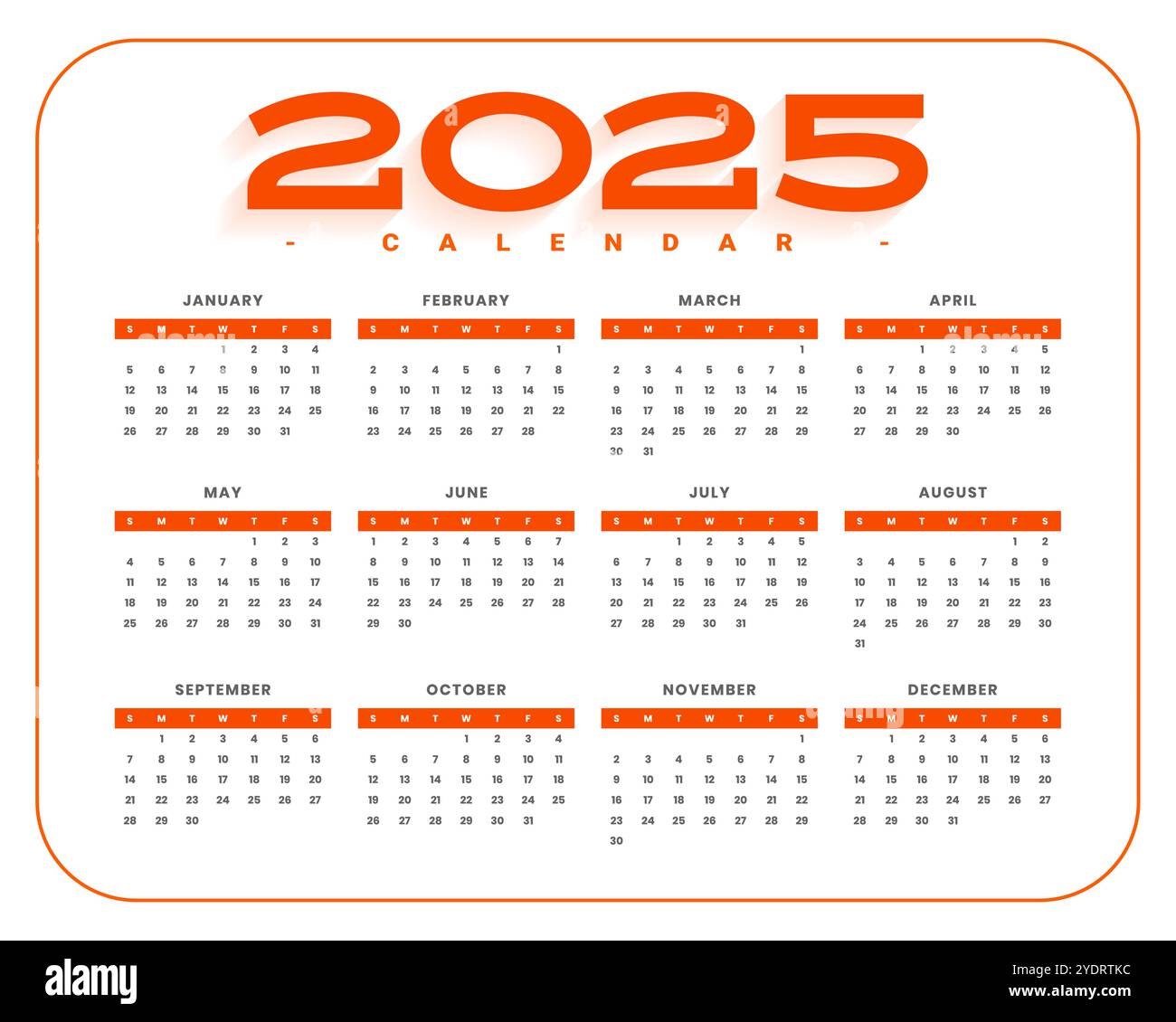white orange 2025 page calendar template week starts sunday vector Stock Vector Image & Art - Alamy