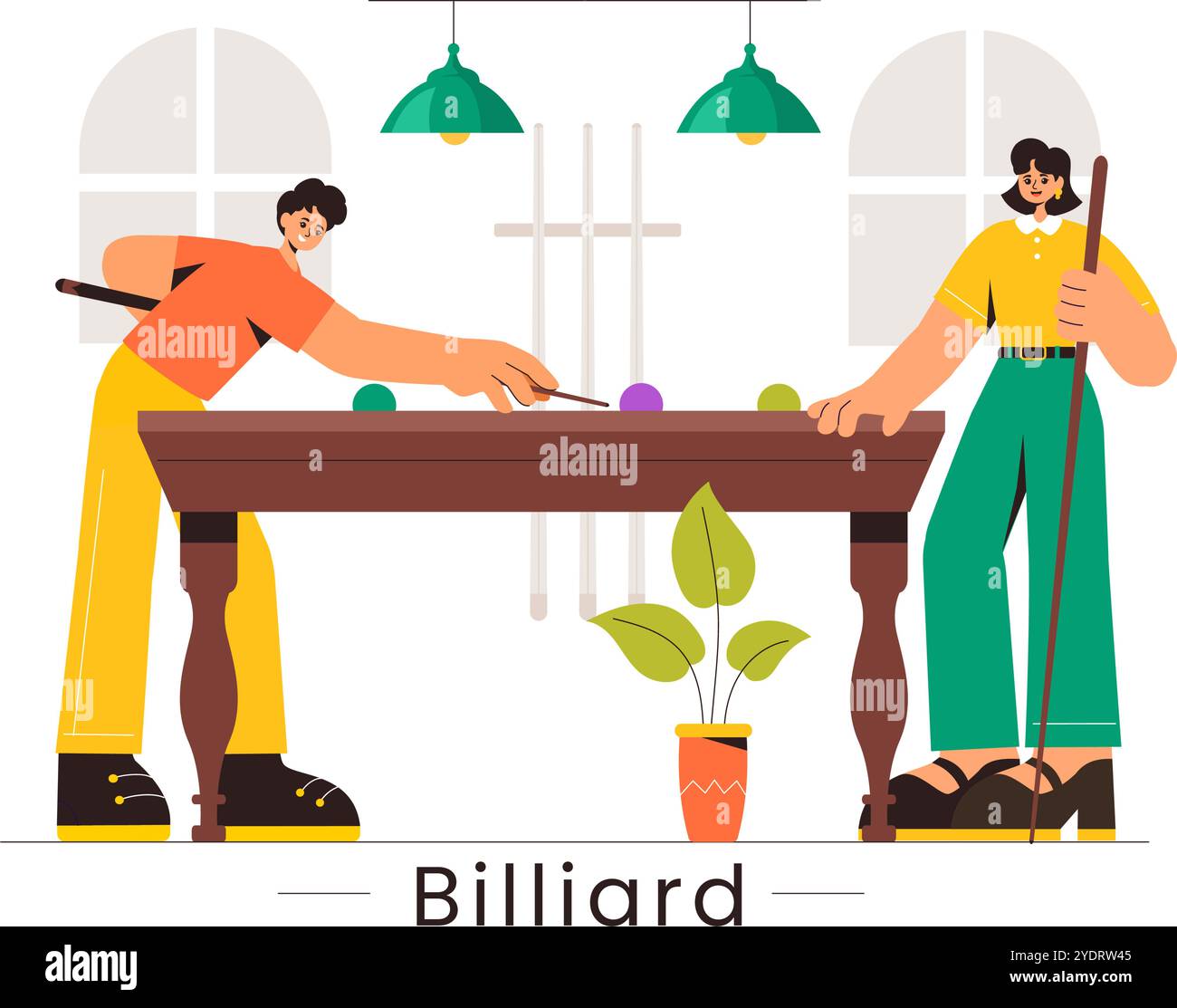 Billiards Game Vector Illustration featuring a Player in a Pool Room ...