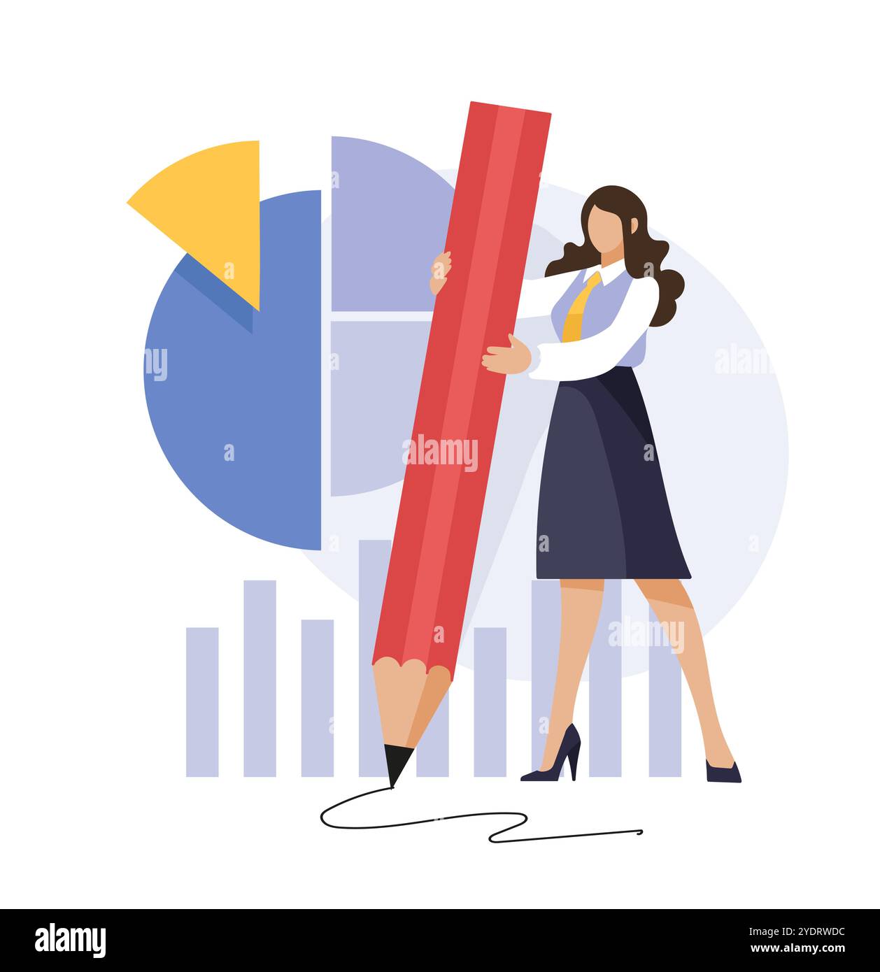 Businesswoman with big pen on growth charts background, business ...