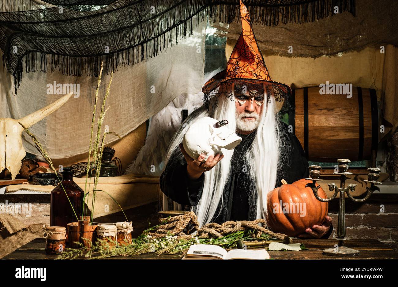Bearded man dressed like Halloween monster. Portrait of Devil with ...