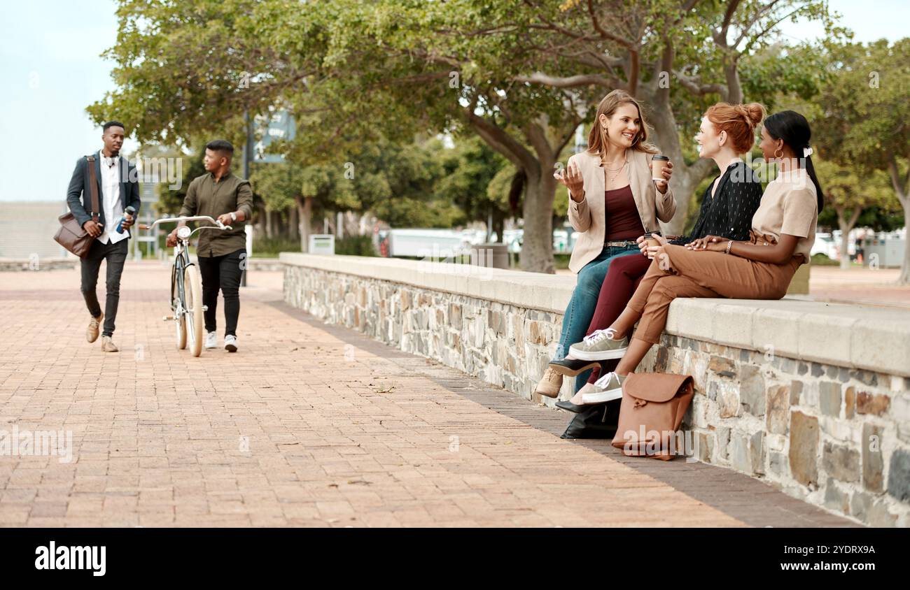 Friends, city and walking with morning commute and bike together with ...