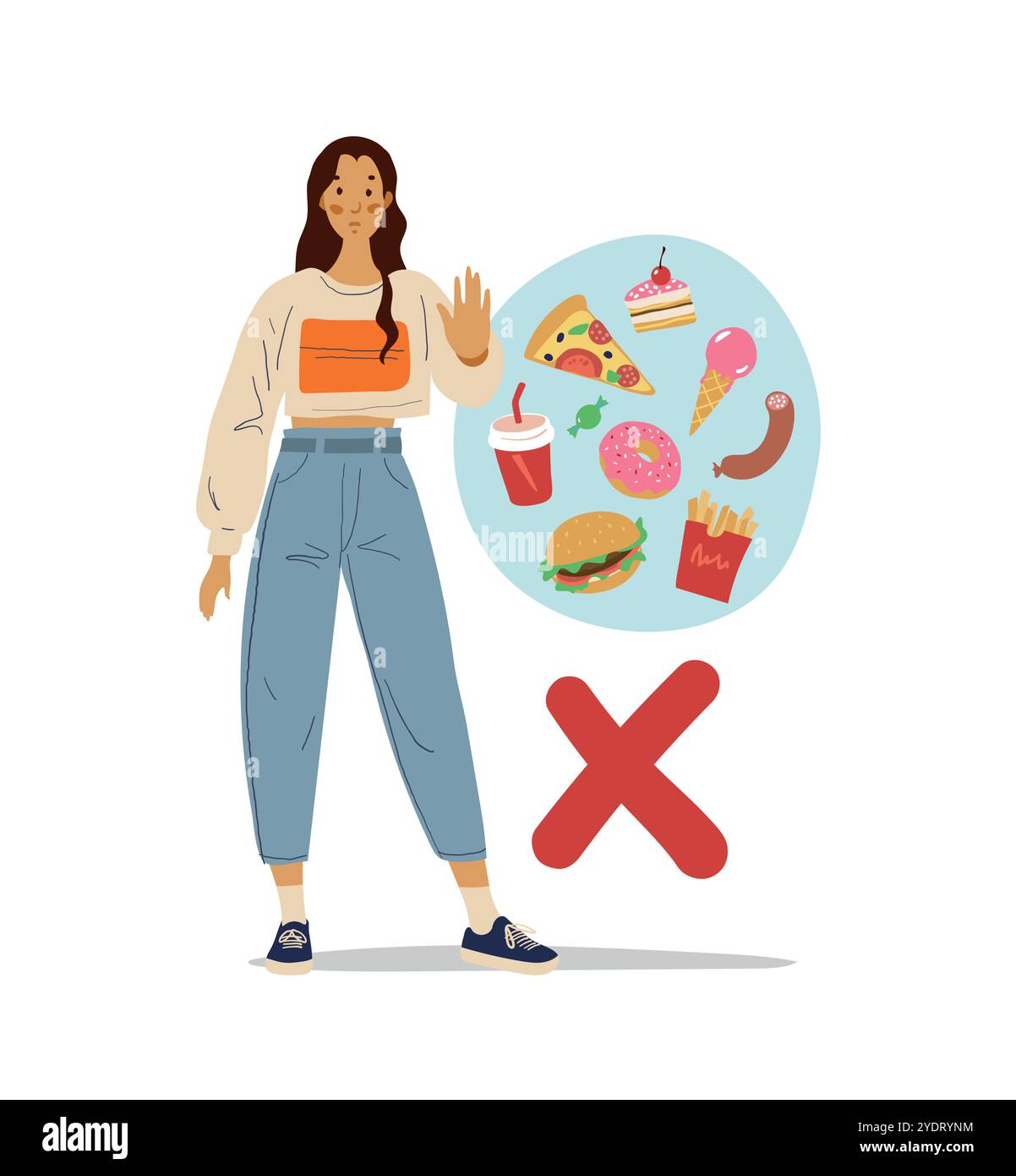 Illustration against harmful junk food, girl showing stop sign to ...