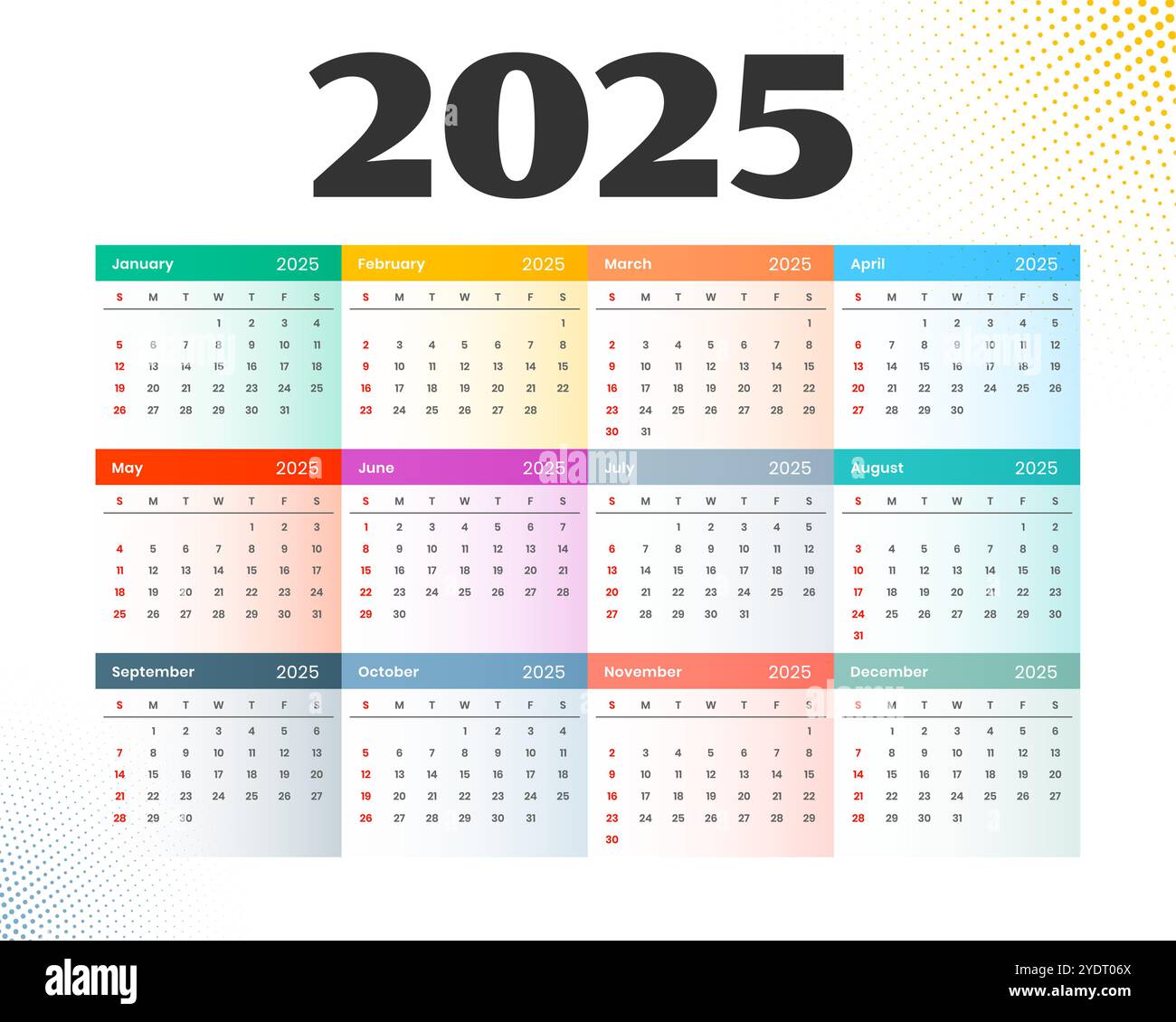 colorful 2025 annual calendar template in modern style vector Stock ...