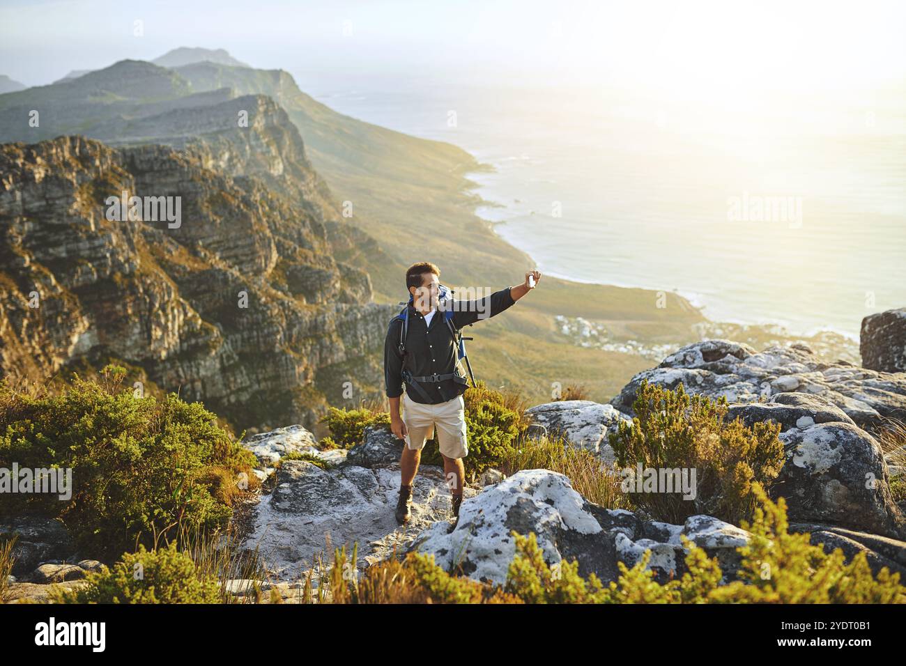 Man, selfie and hiking on mountain outdoor with fitness adventure ...