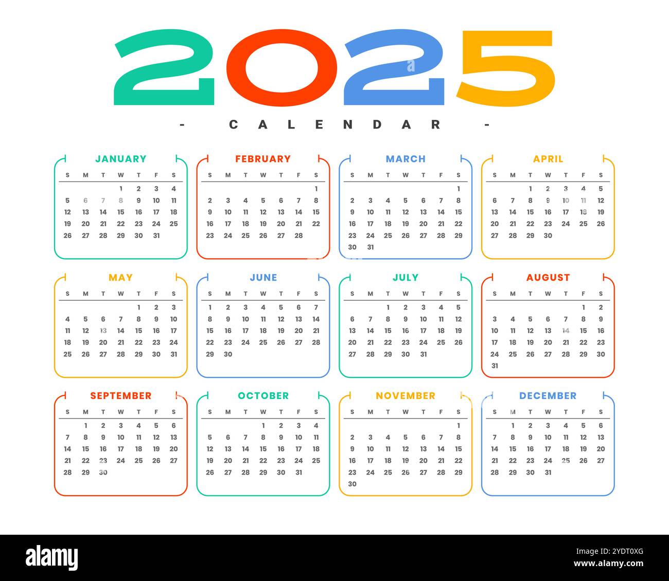colorful 2025 english calendar template a printable design vector Stock ...