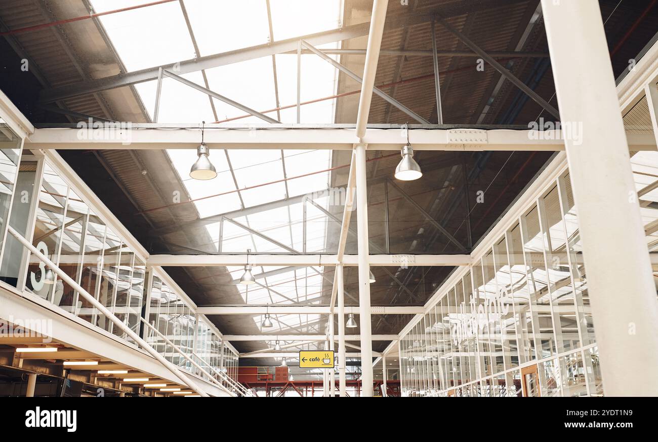 Office, roof and beams with creative warehouse, company and startup ...