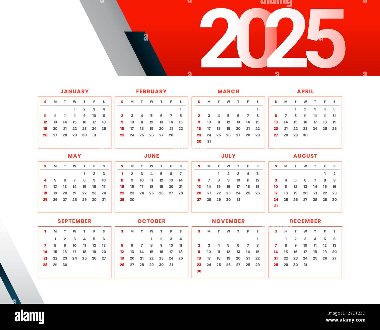 white red 2025 monthly calendar template a printable design vector ...