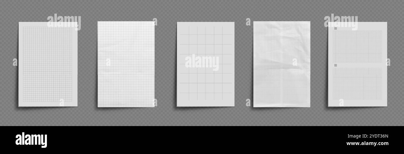 Notebook paper mockup with checkered pattern. Realistic 3d set of white ...