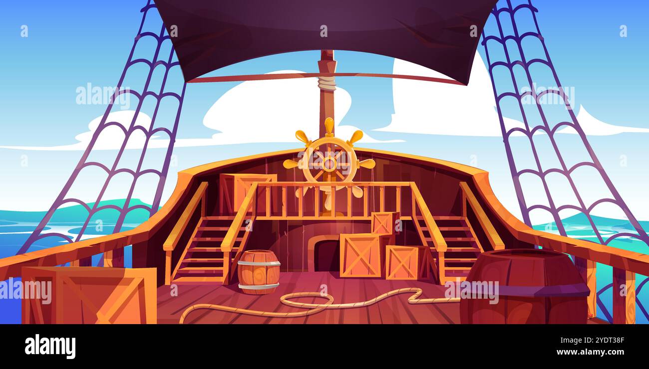 Pirate ship deck sailing in sea. Vector cartoon illustration of wooden ...