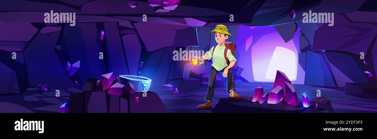 Male traveler exploring dark cave. Vector cartoon illustration of man ...