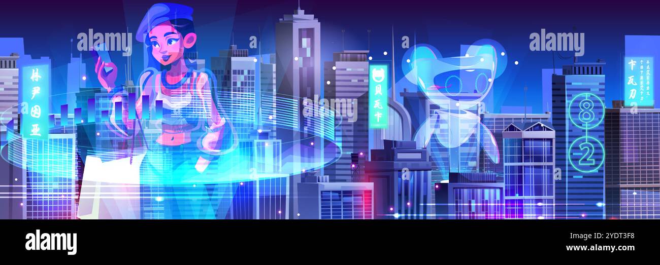 Holographic character of woman with phone and cute robot float above ...