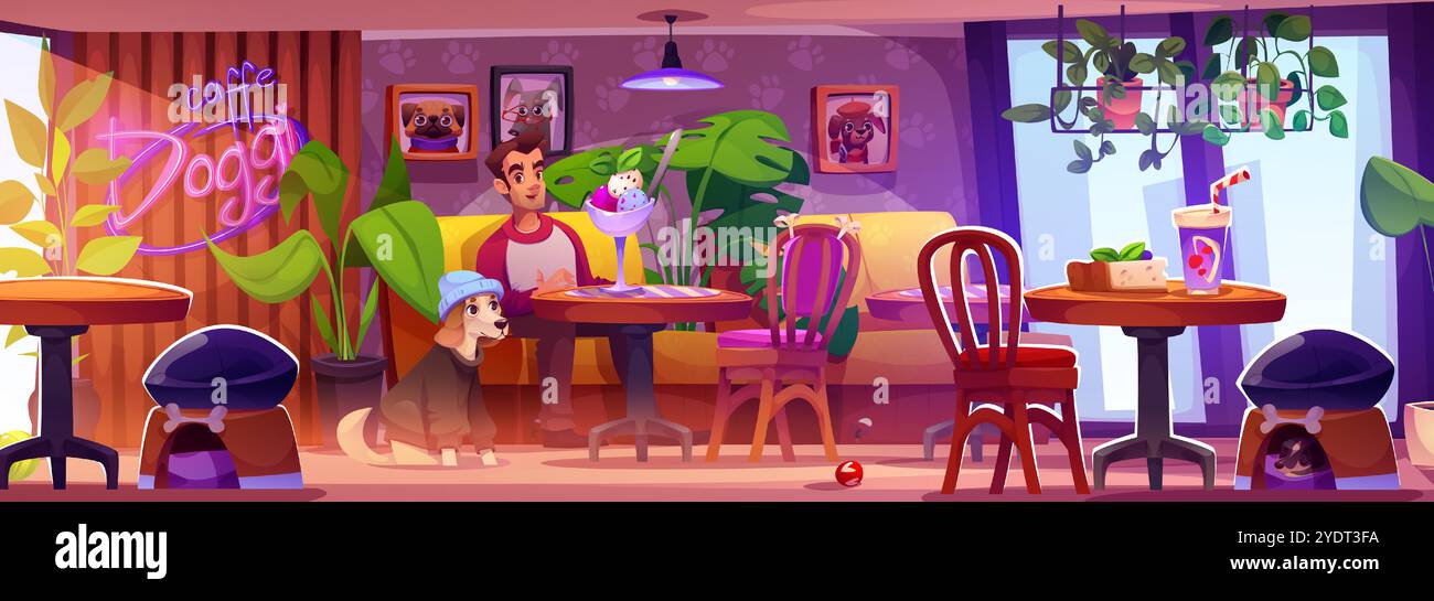 Cozy dog friendly cafe interior. Man sitting at table with his puppy ...