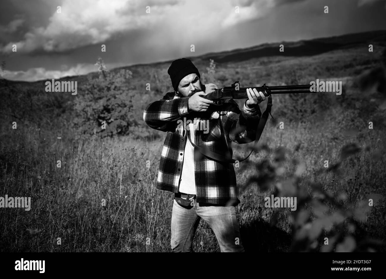 Autumn hunting season. Hunter with shotgun gun on hunt. Hunter with ...