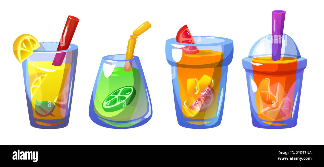 Ice lemon drink in glass. Mint fruit juice cartoon. Summer fresh ...