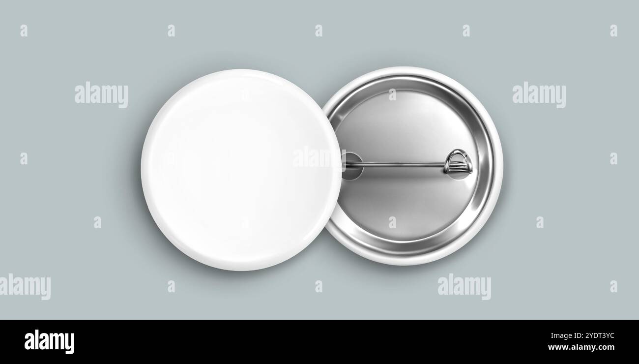 White blank pin button mockup. Round badge vector. 3d metal circle ...