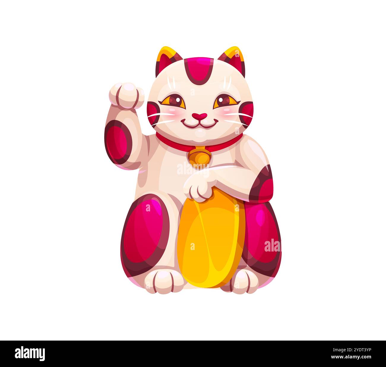 Cartoon Japanese Maneki Neko cat, known as the beckoning cat, symbolizing good fortune and ...