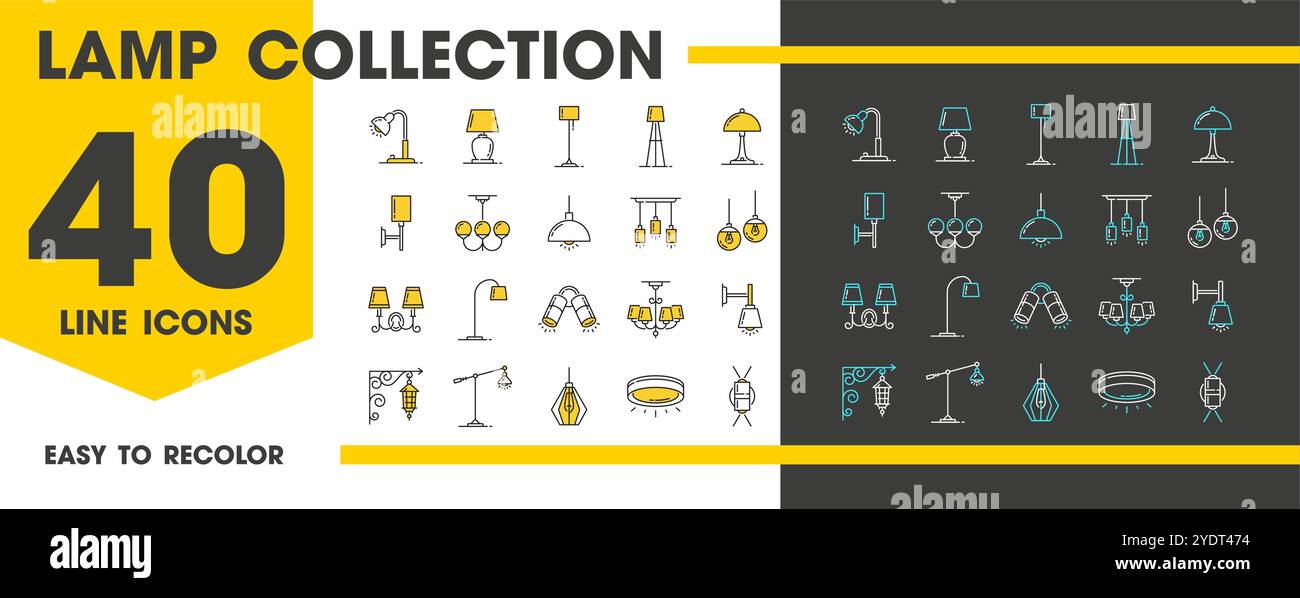 Light lamp line icons. Lantern and chandelier, candle and spotlight ...