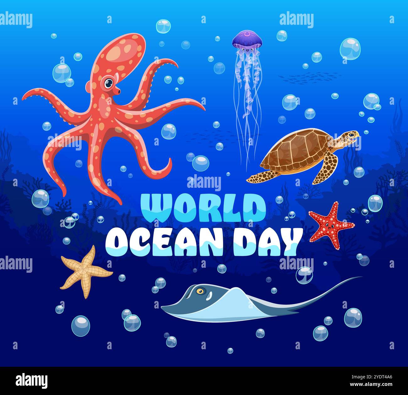 World oceans day banner featuring cartoon octopus, jellyfish, turtle ...