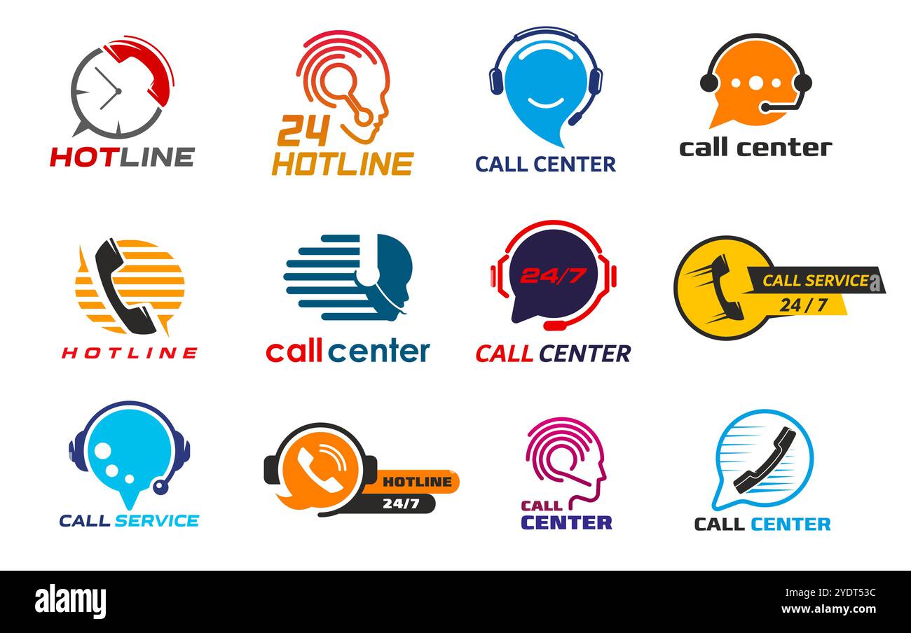 Call center icons, customer support service, hot line help telephone ...