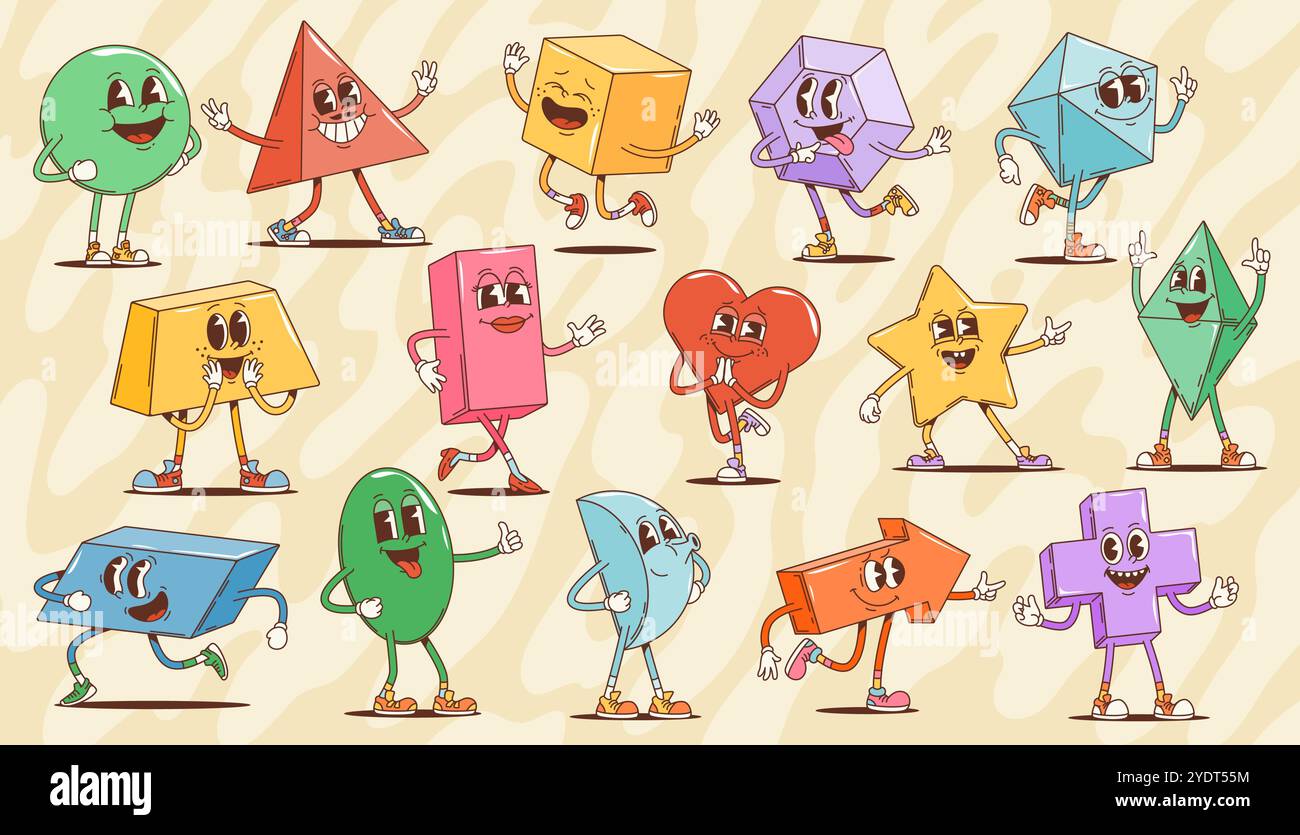 Cartoon groovy math geometric figure characters. Funny cube, pyramid ...