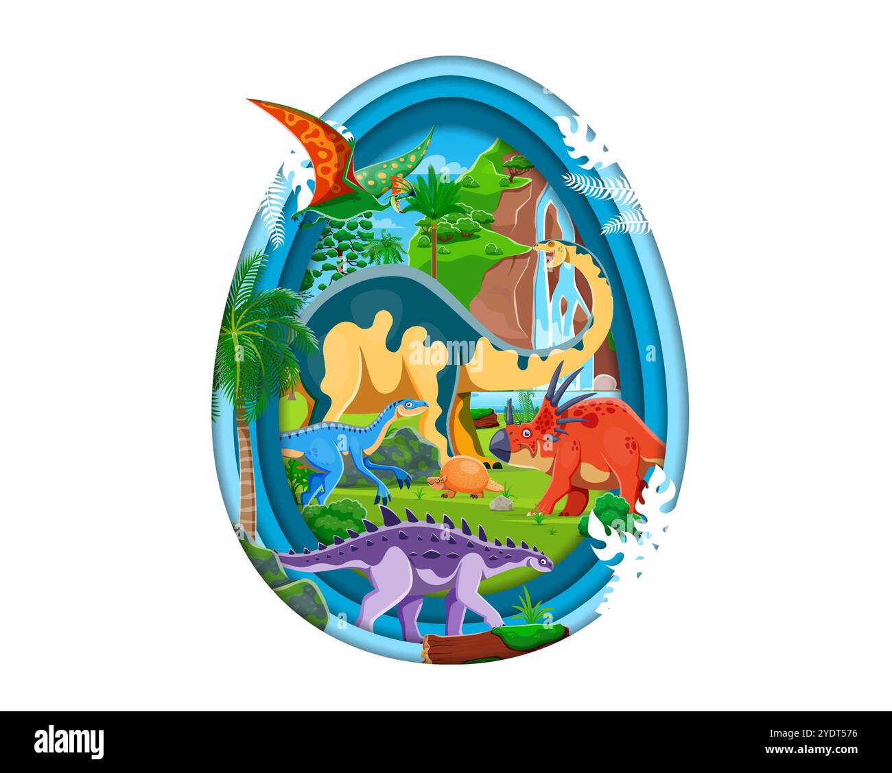 Paper cut prehistoric era landscape with dinosaurs reptiles characters ...