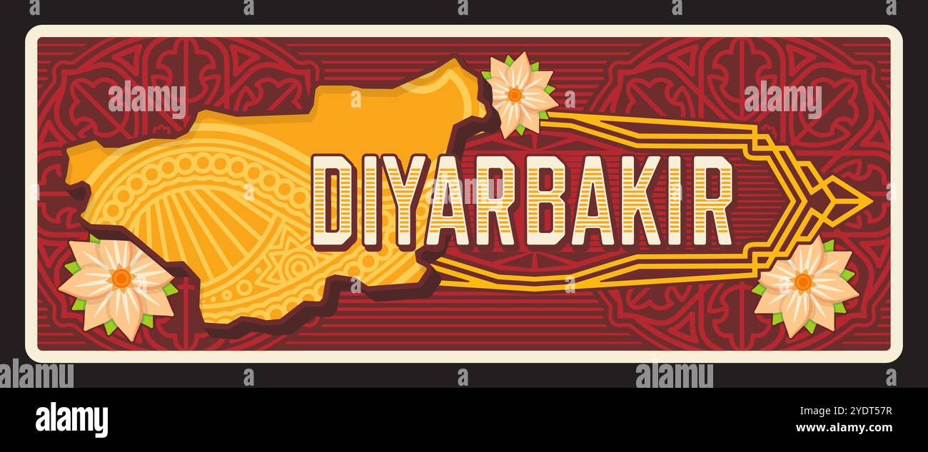 Diyarbakir Il Turkey provinces vintage travel plate. Vector tourist ...
