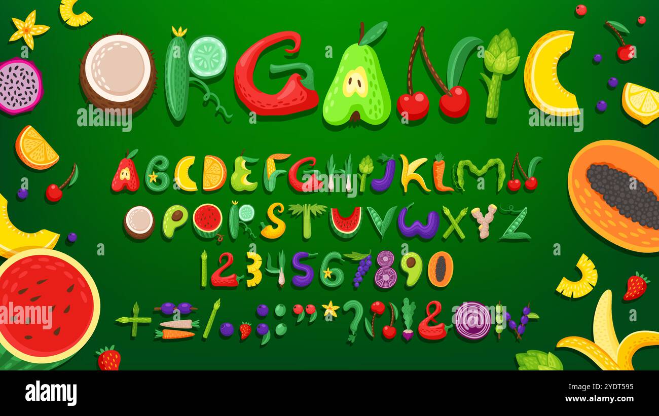 Fruit and vegetable font, healthy type, farm crop alphabet, summer food ...