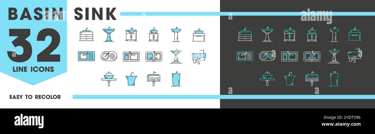 Kitchen, bathroom and basin sink line icons of water faucet taps ...