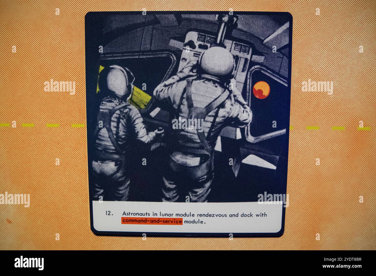 A retro-style illustration of two astronauts inside the lunar module ...