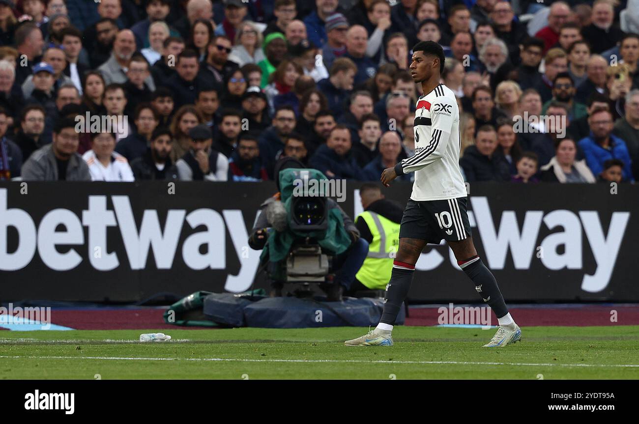 Manchester United's Marcus Rashford comes off the pitch after being ...