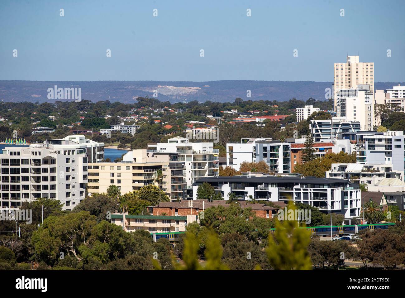 A view of modern residential buildings in Perth, Australia, with a mix ...