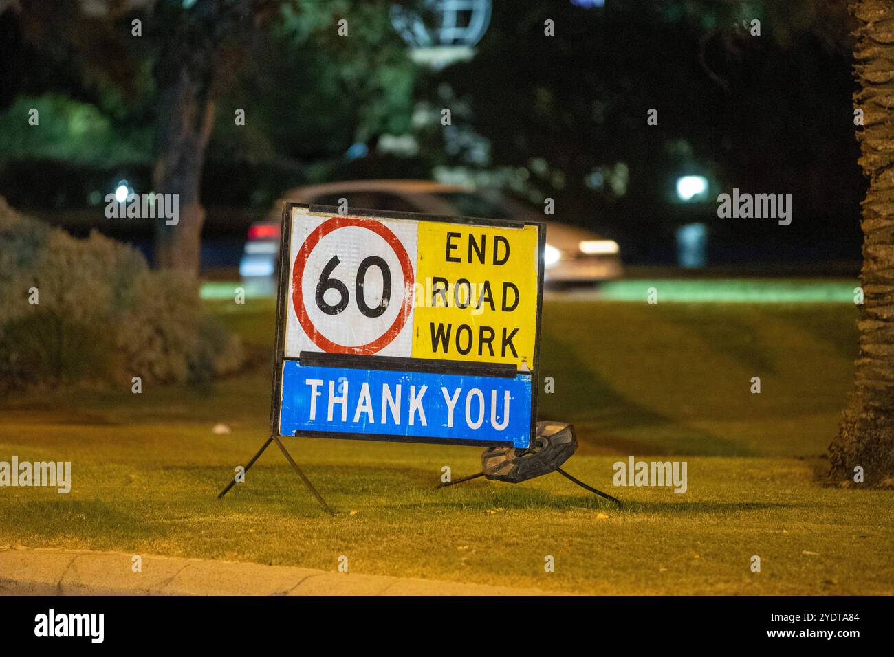 A road sign in Perth, Australia, indicating the end of road work with a ...