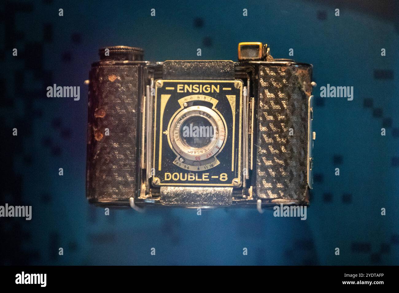 A vintage Ensign Double-8 camera displayed in a museum exhibit Stock ...