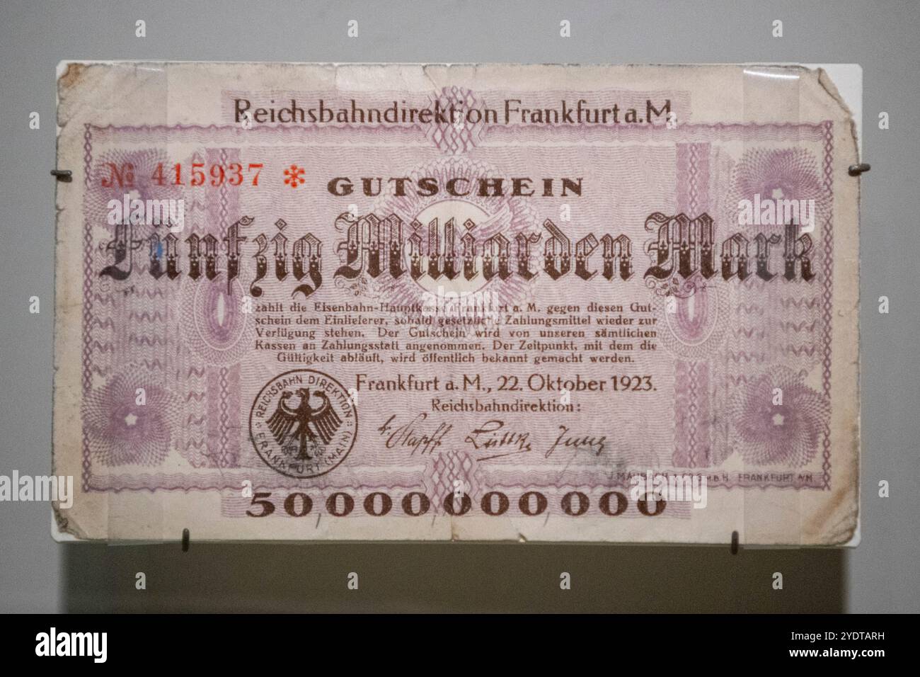 German banknote from 1923 with a denomination of fifty million marks, a ...