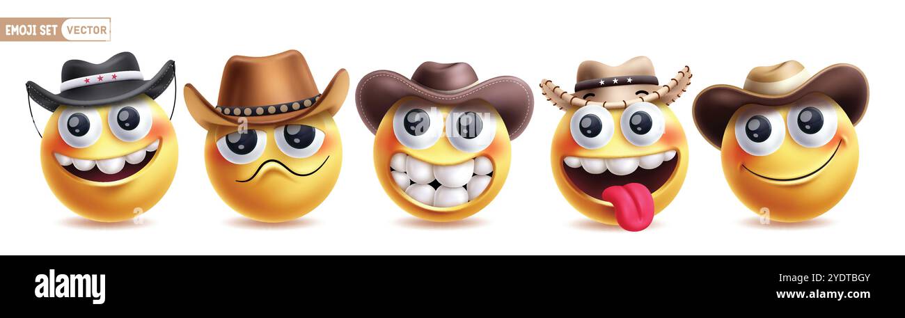 Emoji cowboy emoticon character vector set. Emojis emoticon wearing hat ...