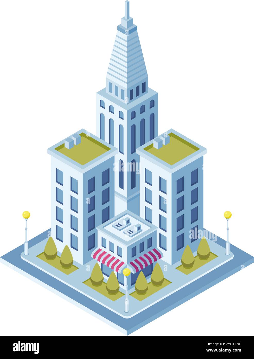 Isometric skyscraper with green roof and small shop at its base ...