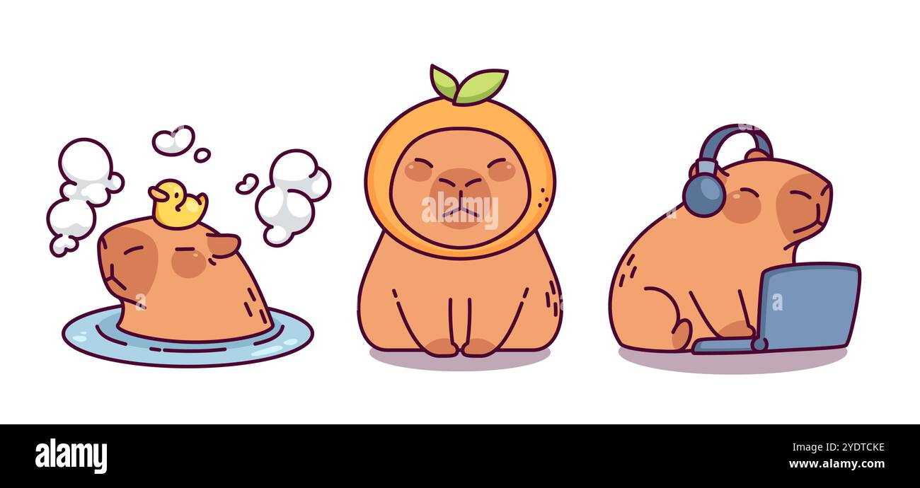 Cute capybara character. Funny flat animal vector. Tangerine on head of ...