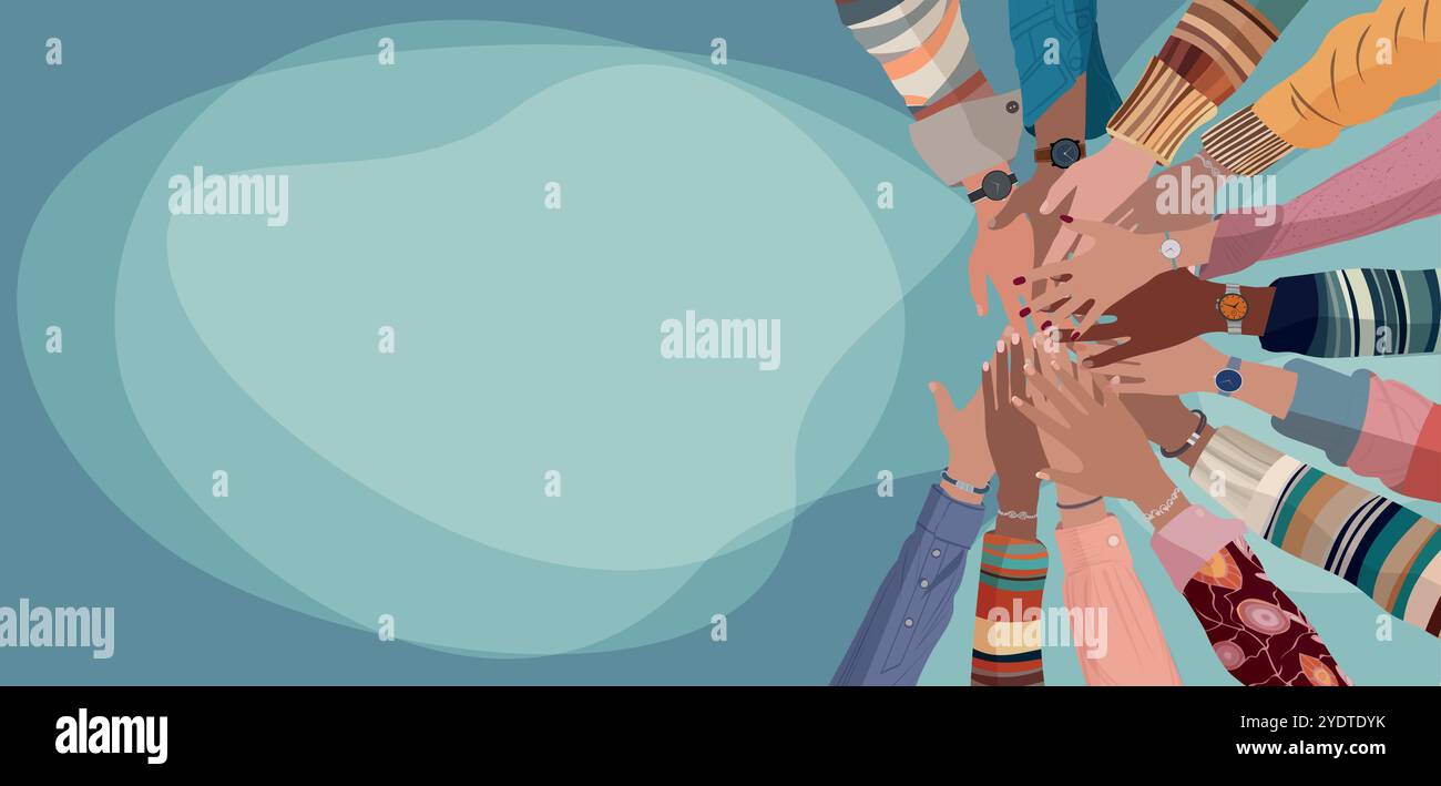 Group hands on top of each other of multicultural people. Community ...