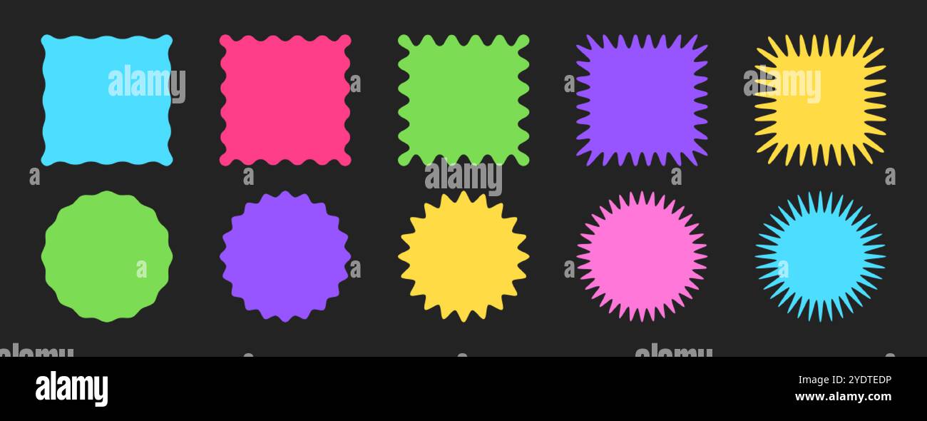 Jagged geometric square and circle shapes in bright colors. Scallop ...