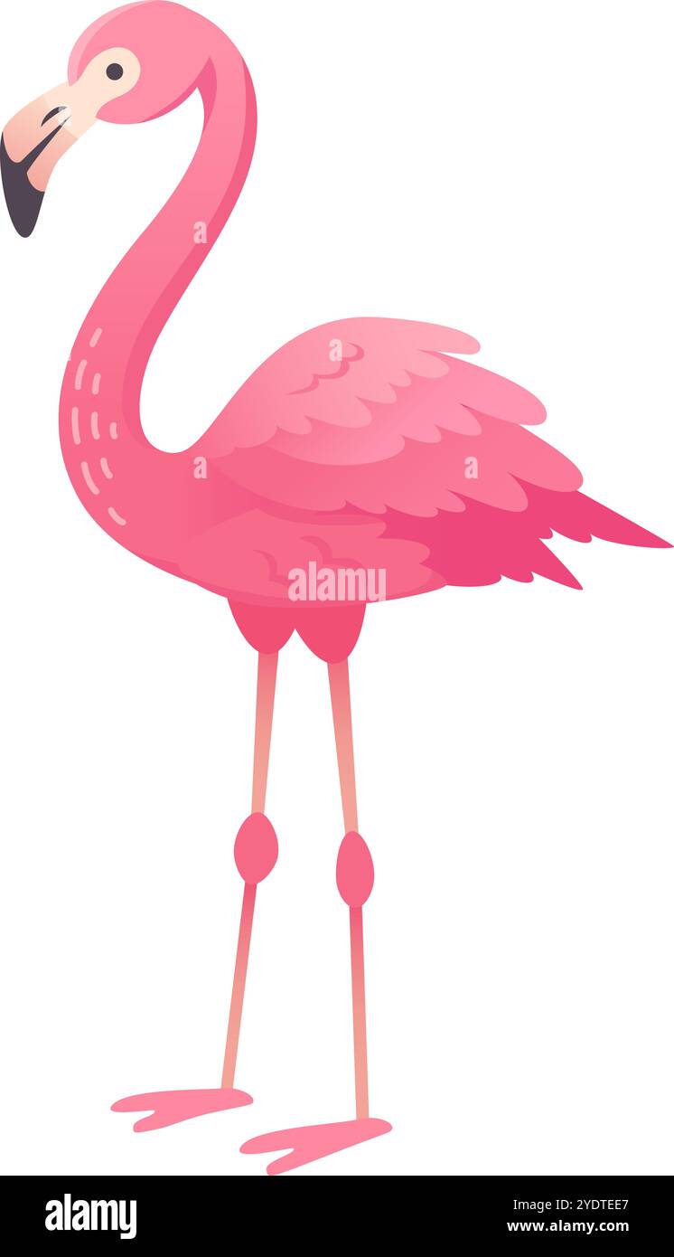 Cartoon flamingo with pink plumage and long legs standing on a white ...